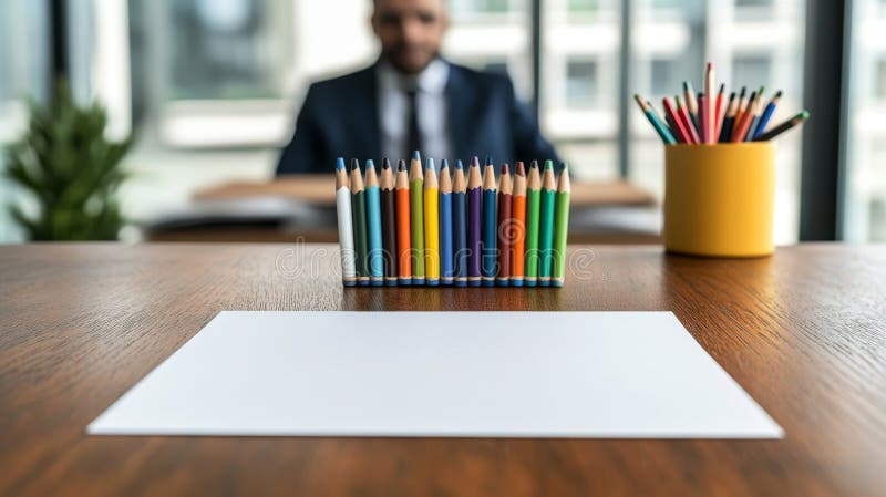 Blank Paper, Array of Colorful Crayons, and Businessman in the ...