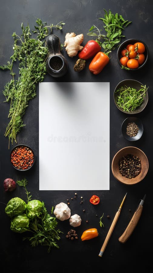 Blank Paper on Black Kitchen Workspace with Fresh Herbs, Vegetables ...