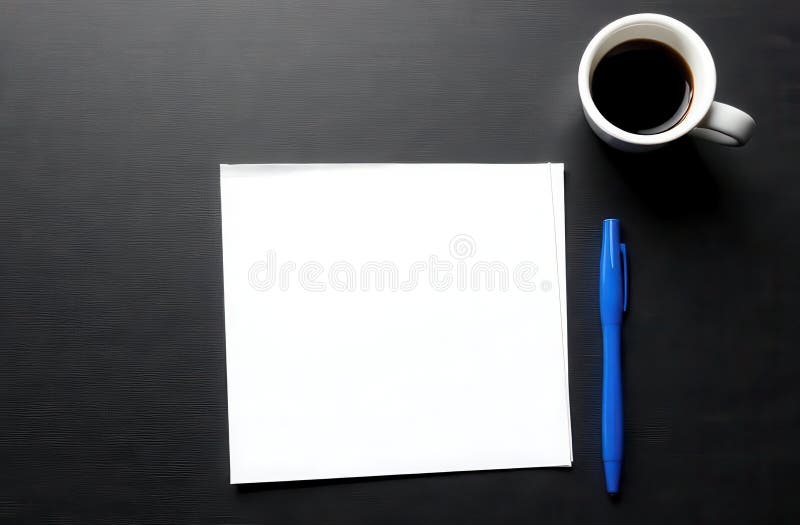Blank Paper and Blue Pen beside a Coffee Cup on a Dark Table Stock ...