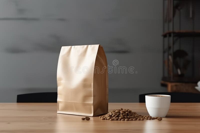 Blank Paper Coffee Bag Mockup on Wooden Table Stock Photo - Image of ...