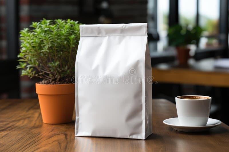 Blank Paper Coffee Bag Mockup on Wooden Table Stock Image - Image of ...