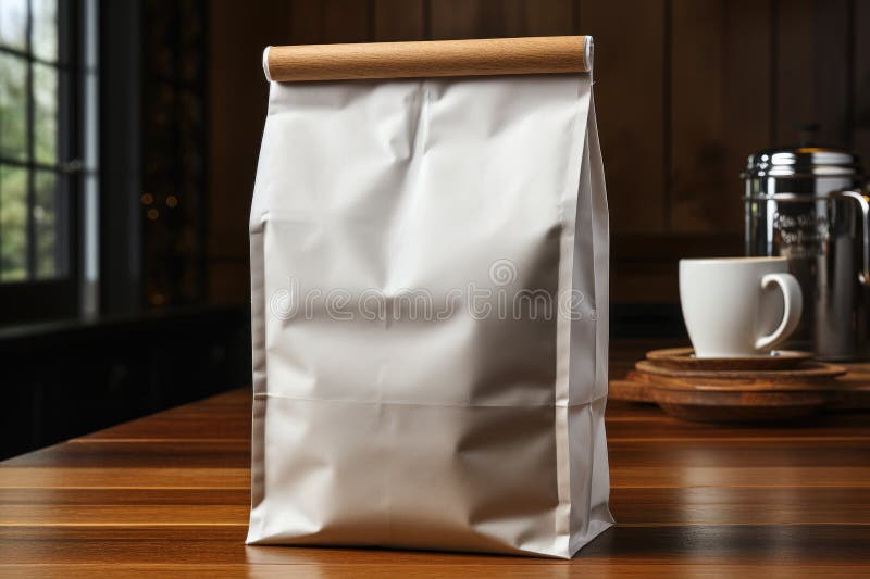 Blank Paper Coffee Bag Mockup on Wooden Table Stock Image - Image of ...