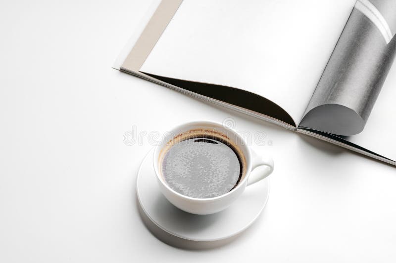 Blank Paper, Coffee Cup and Glasses on White Desk from Above Stock ...