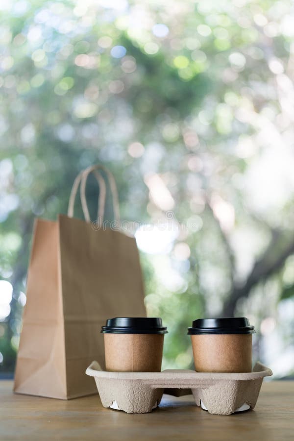 Blank Paper Coffee Cups with Brown Bag. Coffee Packaging Stock Image ...