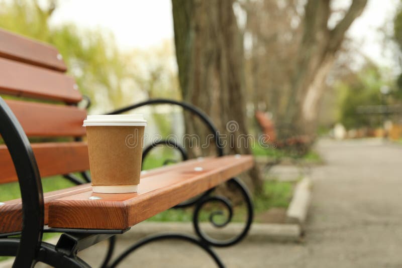 Blank Paper Cup on Bench in Park Space for Text Stock Image - Image of ...