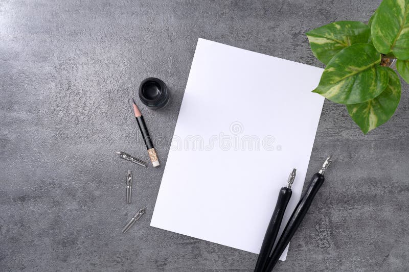 Blank Paper with Dip Pen on Stone Texture Background. Writer Workplace ...