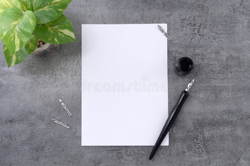 Blank Paper with Dip Pen on Stone Texture Background. Writer Workplace ...