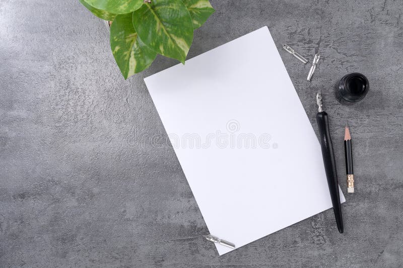 Blank Paper with Dip Pen on Stone Texture Background. Writer Workplace ...