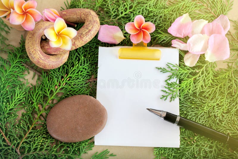 Blank Paper Note and Pen with Flowers and Green Leaf Stock Image ...