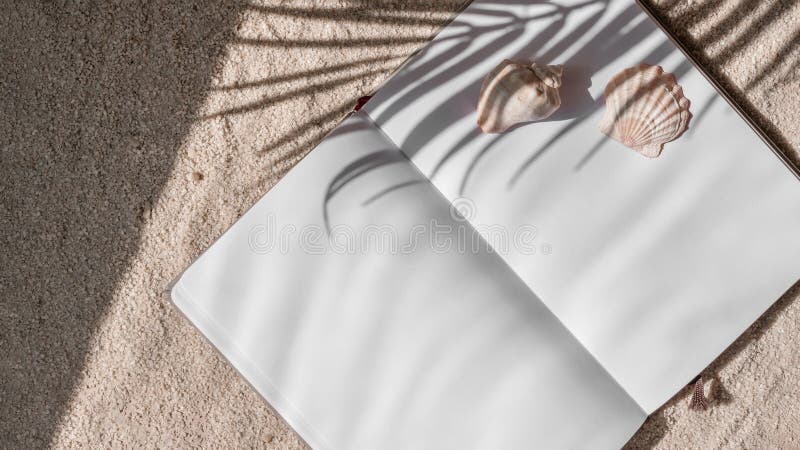 Blank Paper Open Notepad on Beach Sand Background with Ocean Shells and ...