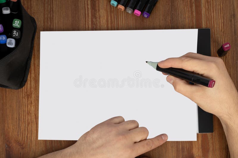 Blank Paper Mockup with Drawing Hand Stock Image - Image of minimalist ...
