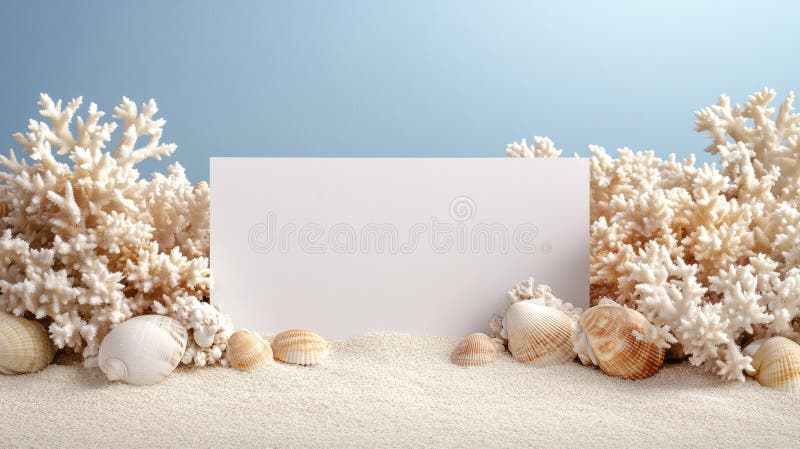 Blank A4 Paper Rests on Sand, Bordered by Corals and Shells, Creating a ...