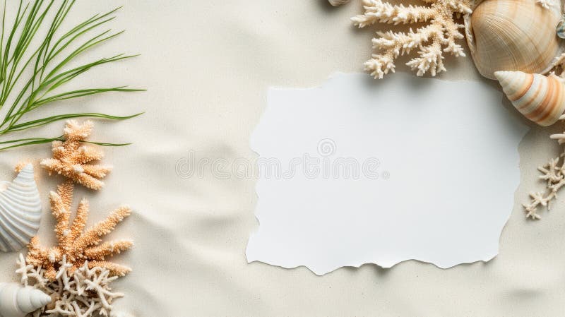 Blank A4 Paper Rests on Sand, Bordered by Corals and Shells, Creating a ...