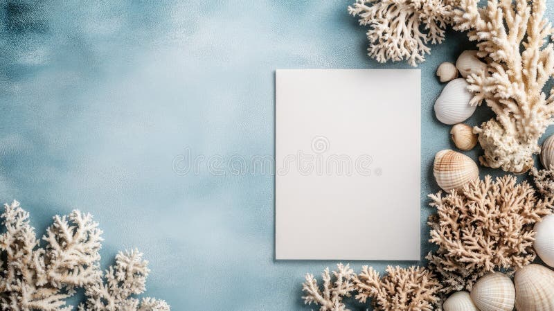 Blank A4 Paper Rests on Sand, Bordered by Corals and Shells, Creating a ...