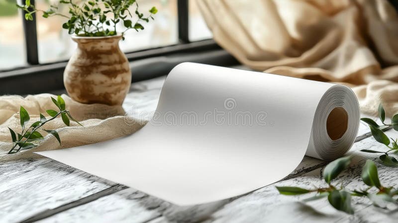 Blank Paper Roll on Wooden Table with Greenery and Soft Fabric Stock ...