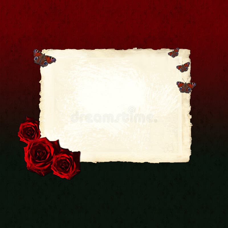 Blank Paper Sheet with Red Roses and Butterflies Stock Illustration ...