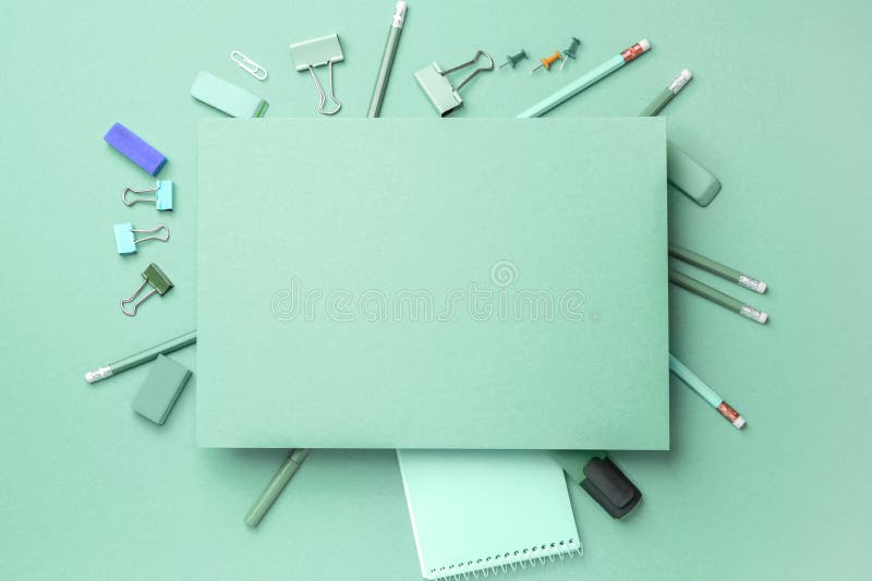 Blank Paper Sheet and Stationery on Turquoise Background Stock Image ...