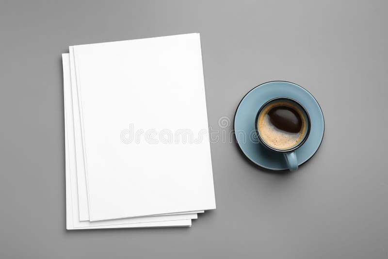 Blank Paper Sheets for Brochure and Cup of Coffee Grey Background, Flat ...