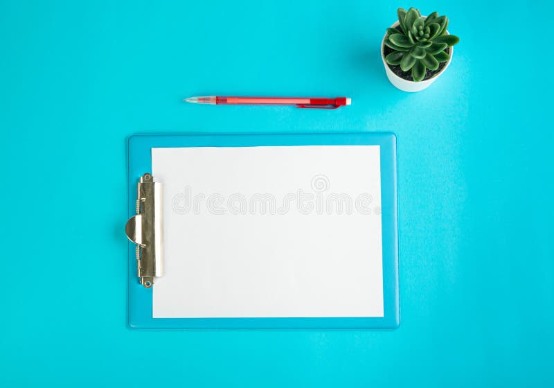 Blank Paper Tablet Top View, Empty White Sheet on Blue Table Flat Lay ...