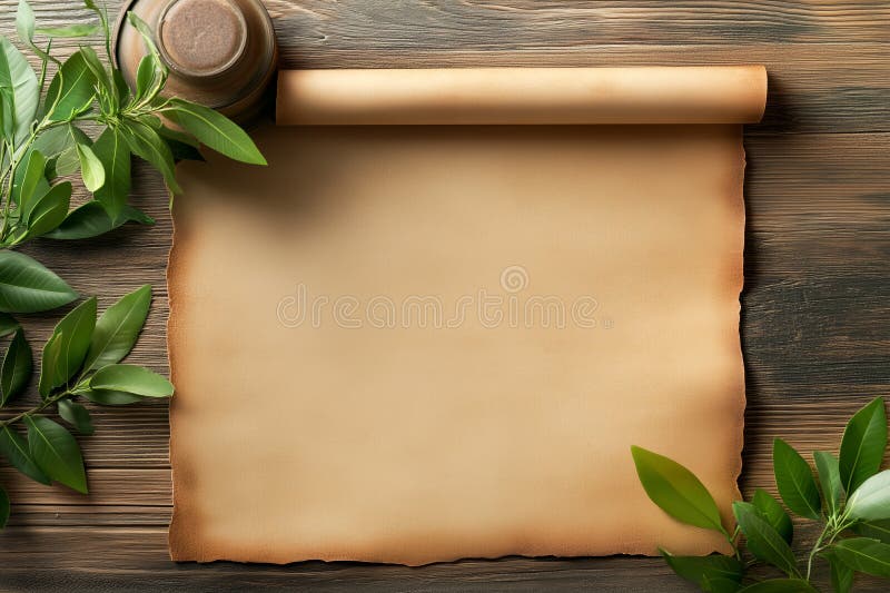 Blank Parchment Paper with Green Leaves on Wooden Table Stock ...