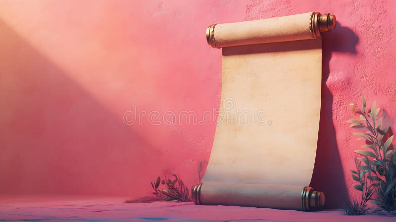 Blank Parchment Scroll Against Pink Wall with Plants Stock Illustration ...