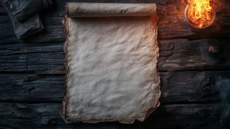 Blank Parchment Scroll on Dark Wooden Table with Fire Stock ...