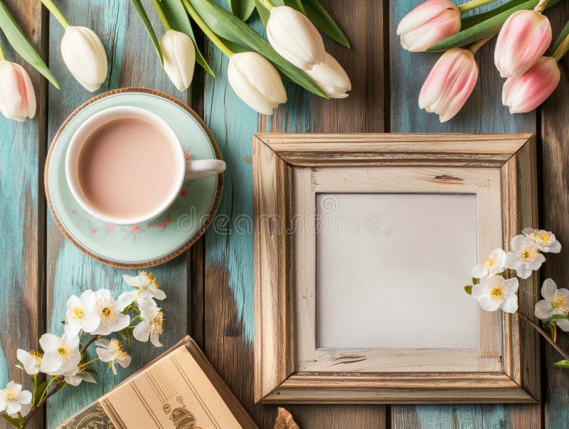 Blank Photo Frame, Flowers and Cup Coffee Stock Photo - Image of home ...