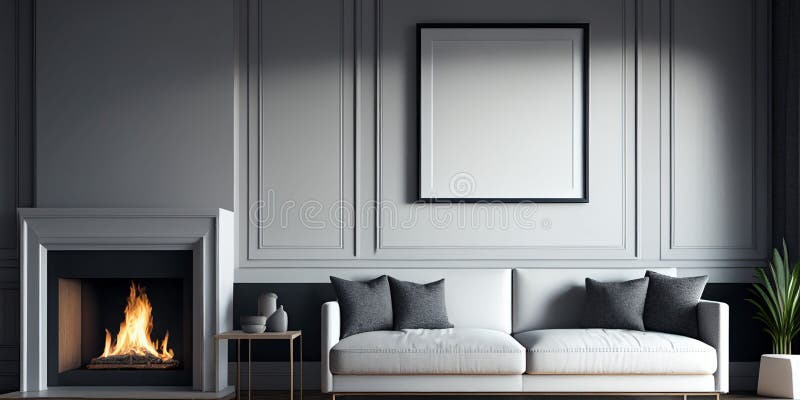 Blank Photo Frame Interior Design with Sofa Fireplace in Living Room ...