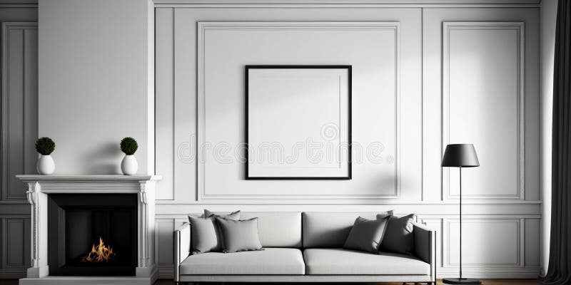 Blank Photo Frame Interior Design with Sofa Fireplace in Living Room ...