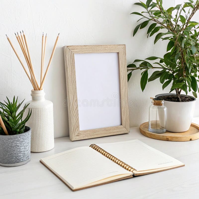 Blank Photo Frame, Reed Diffuser, Houseplant, and Notebook on Table ...