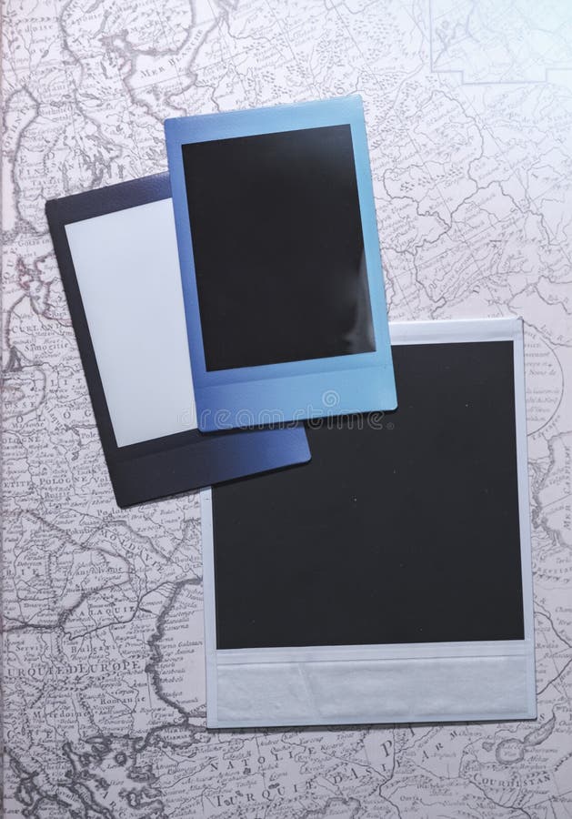 Blank Photo Frames on Map Background As Template. Top View of Photo ...
