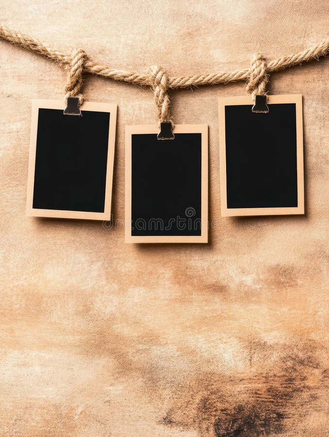 Blank Photo Frames on Rope Three Empty Photo Frames Hang from a Rustic ...