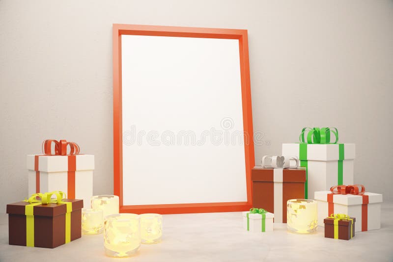 Blank Picture Frame with Gift Boxes on White Floor Stock Illustration ...