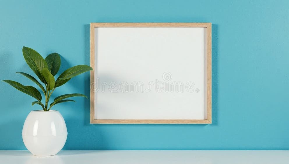 Blank Picture Frame on Textured Blue Wall with Subtle Decor, Template ...
