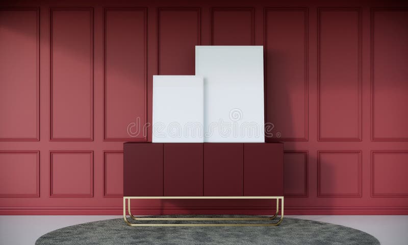Blank Picture Frames Mock Up in Red Color Room Interior, 3d Rendering ...
