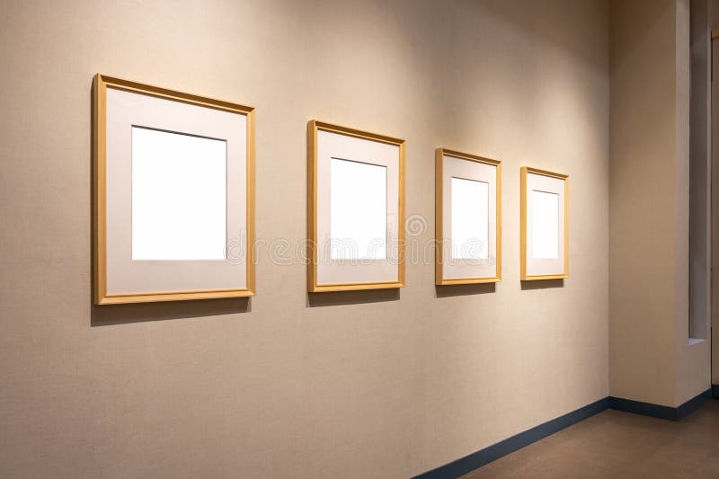 Blank Picture Wooden Frames on Exhibition Wall Stock Photo - Image of ...