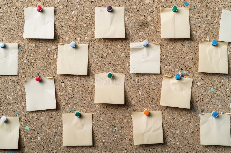Blank Pinned Notes Attached with Colorful Push Pins To a Corkboard ...