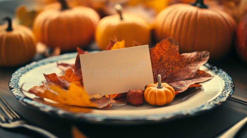 Blank Place Card on Plate with Fall Leaves and Pumpkins Stock ...