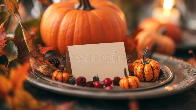 Blank Place Card on Table Setting with Pumpkins and Fall Leaves Stock ...