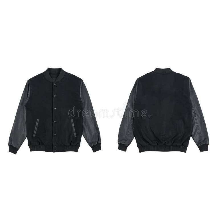 Black Varsity Jacket Front and Back View Isolated on White Background ...
