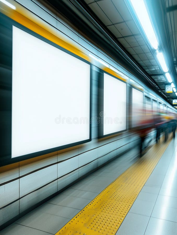 Blank Poster Frames Line the Walls of a Subway Station As Commuters Rush by during Evening Hours ...