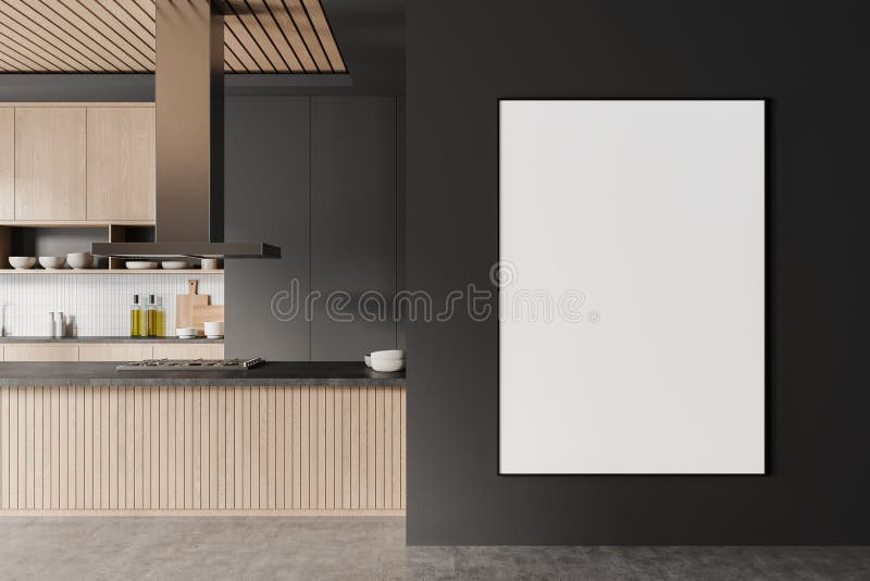 Blank Poster Mockup in a Modern Kitchen Interior with Wooden Elements ...