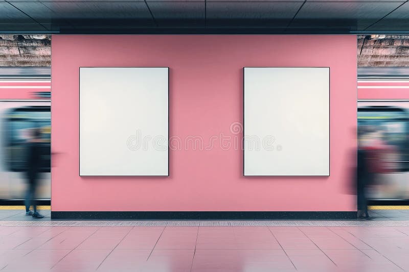 Blank Posters on Pink Subway Wall with Passing Train and Commuters ...