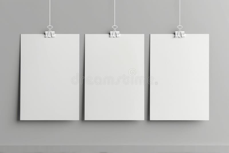Three Blank Posters Hanging with Clips on Gray Background for Mockup ...