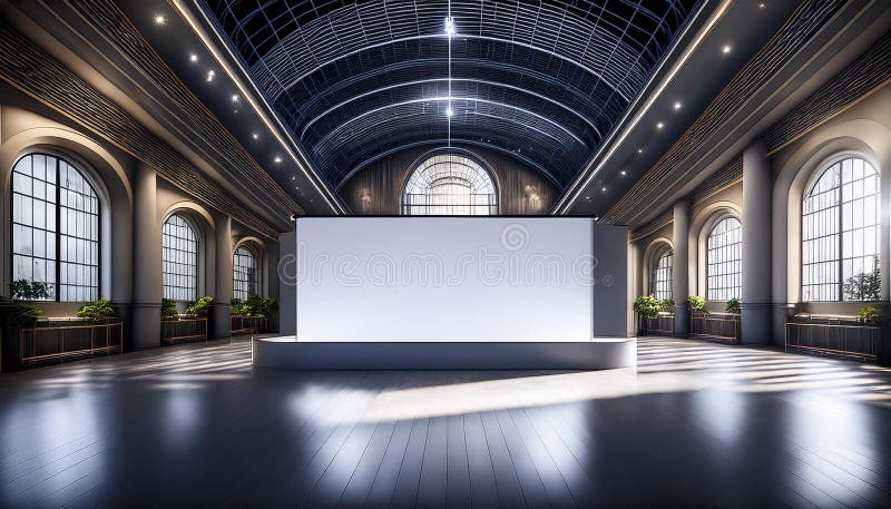 Blank Presswall in Modern Exhibition Hall with Spotlighted Display. 3D ...