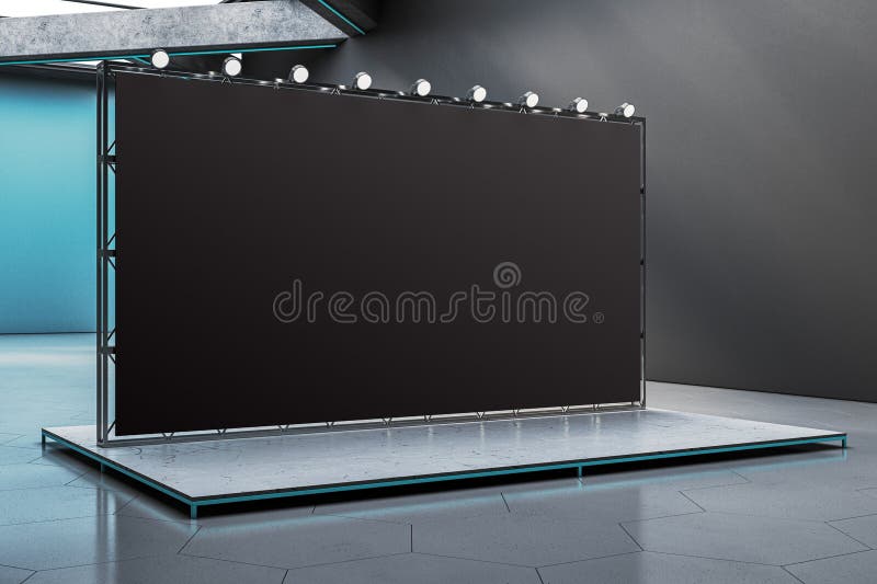 Blank Presswall with Spotlights on a Raised Platform in a Modern Interior Space. 3D Rendering ...