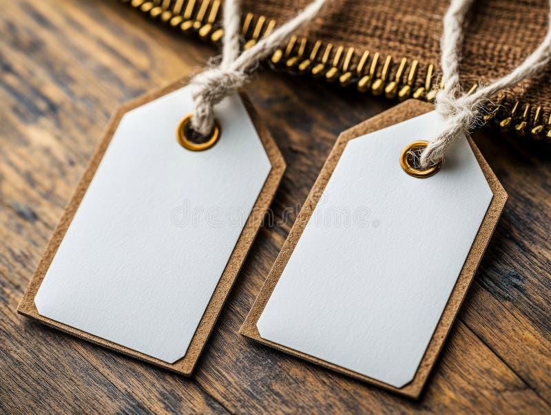 Blank Price Tags on Wooden Table with Rustic Fiber Background for ...