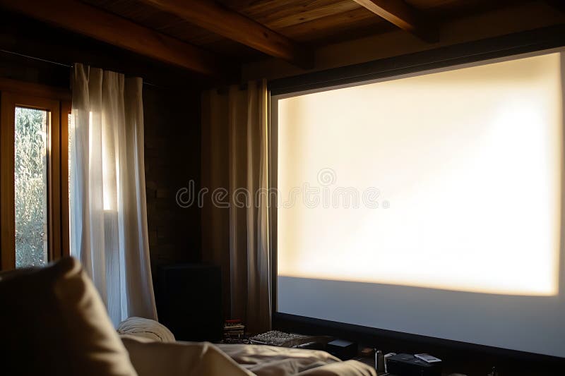 Blank Projection Screen in a Cozy Living Room with Natural Light Stock ...