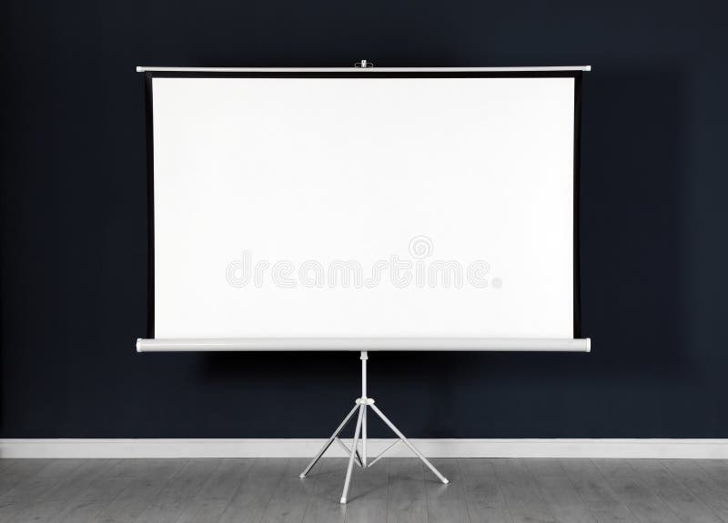 Blank Projection Screen Near Black Wall Indoors. Space for Design Stock ...