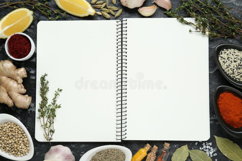 Blank Recipe Book Surrounded by Different Ingredients on Black Textured ...